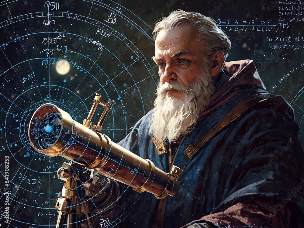 Galileo and telescope with astronomical charts Stock Illustration ...