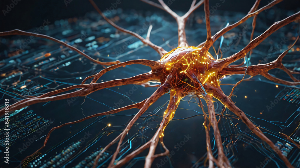 The neuron interface of a futuristic artificial intelligence, showing complex algorithms and ...