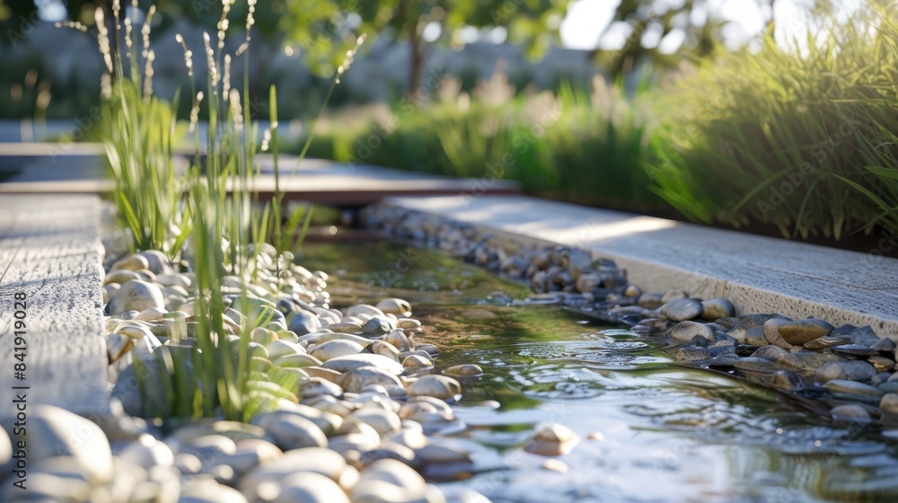Photorealistic close-up of a water harvesting system in a landscaped ...