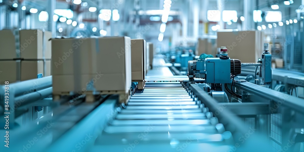 Factory machine producing boxes on a paper production line. Concept ...