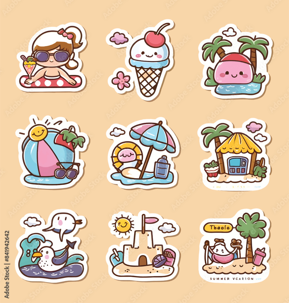 Kawaii summer vacation printable stickers vector illustration set Stock ...