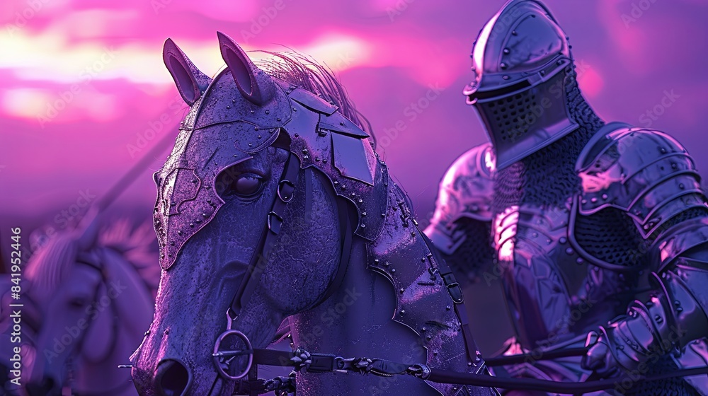 Mounted detachment of medieval knights in metal armor and helmets ready ...