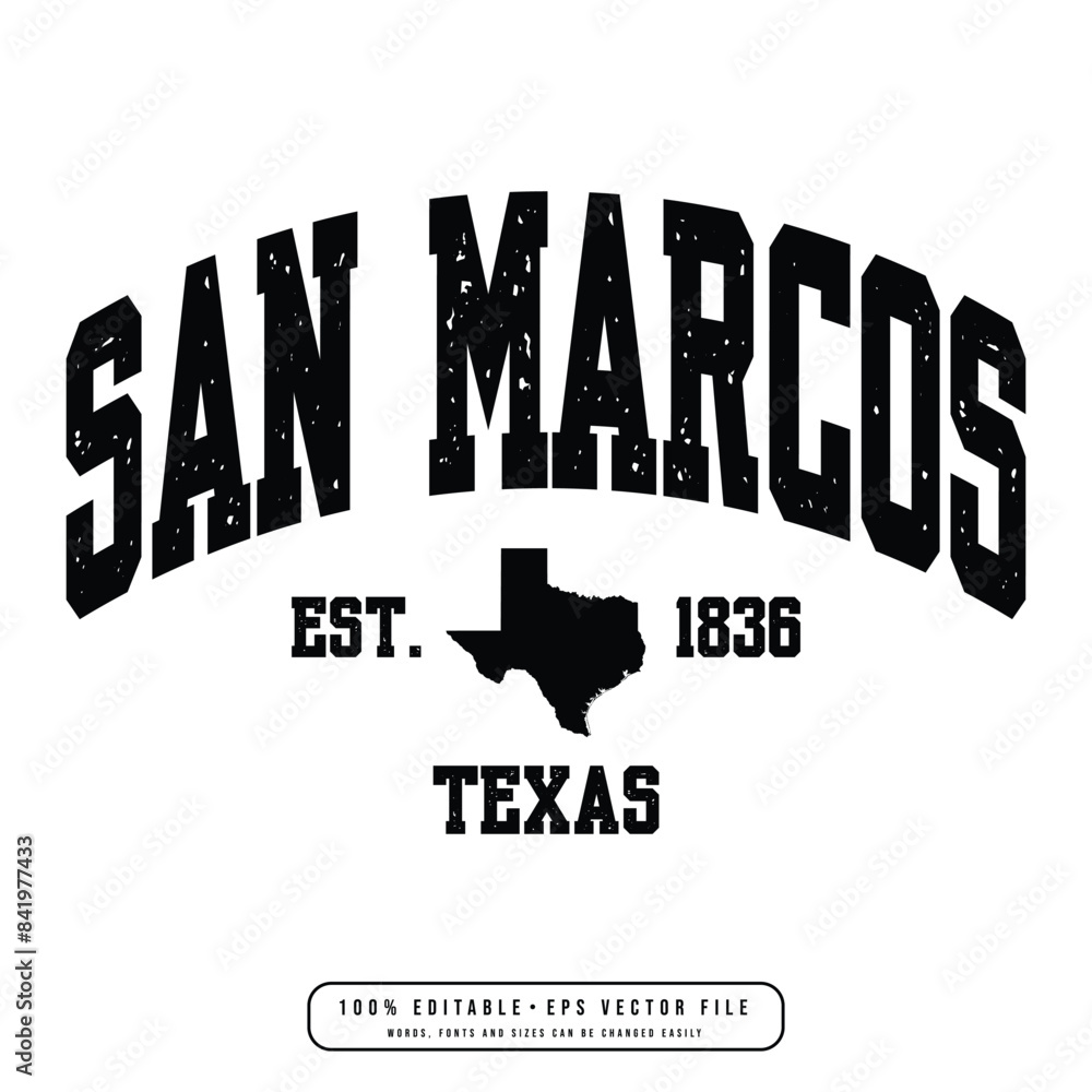 San Marcos text effect vector. Editable college t-shirt design ...