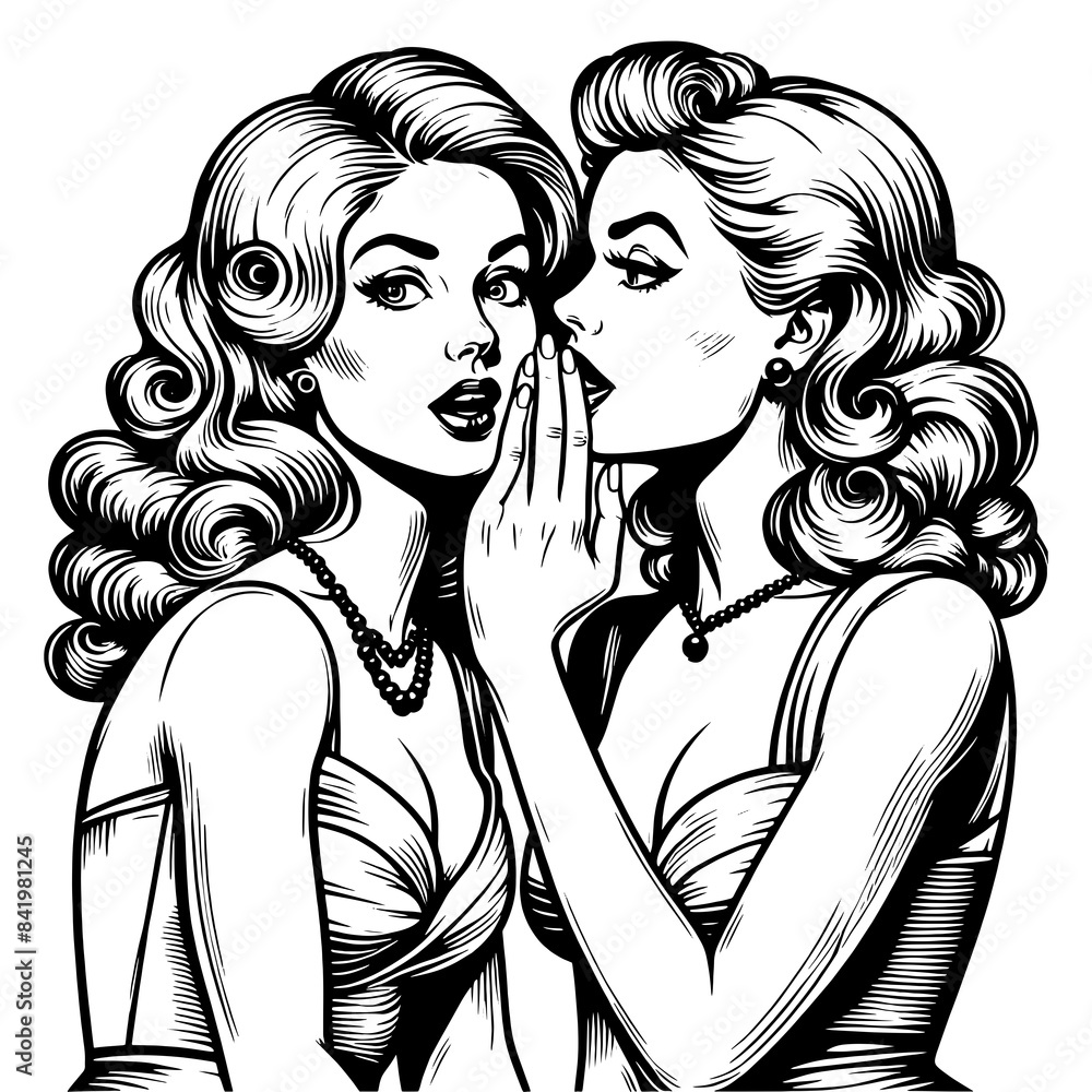 pin-up girls, one whispering a secret into the other ear, with ...
