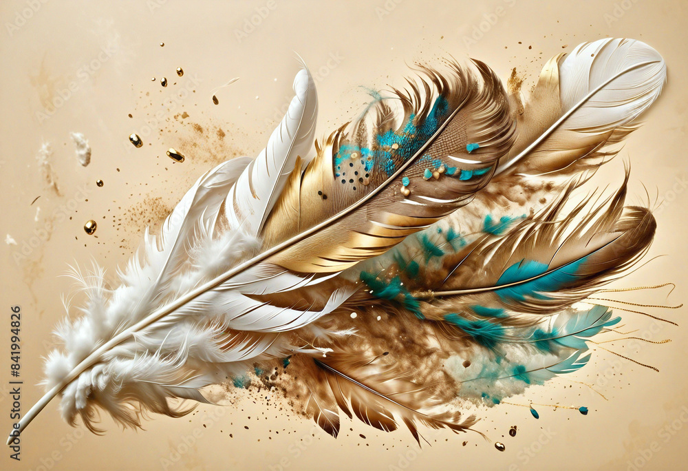 flying feathers, wall mural, photo wallpaper, interior, collage ...