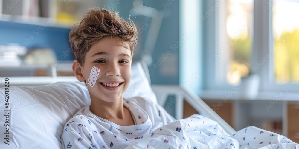 Focus a happy Teenager Put a plaster on the wound Neck and smile look ...