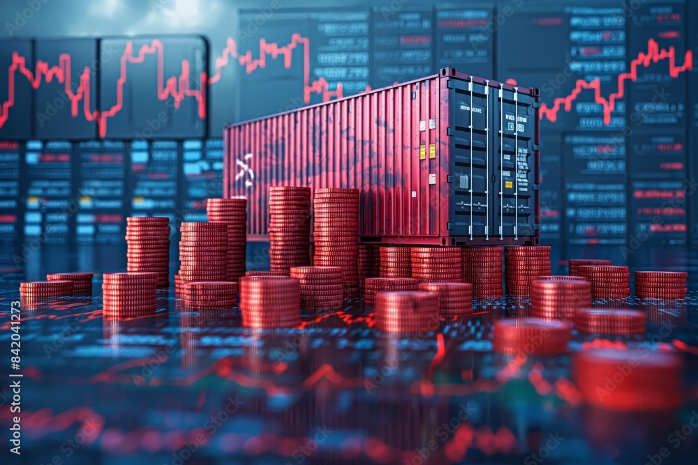 Red shipping container amidst coin stacks Stock Photo | Adobe Stock