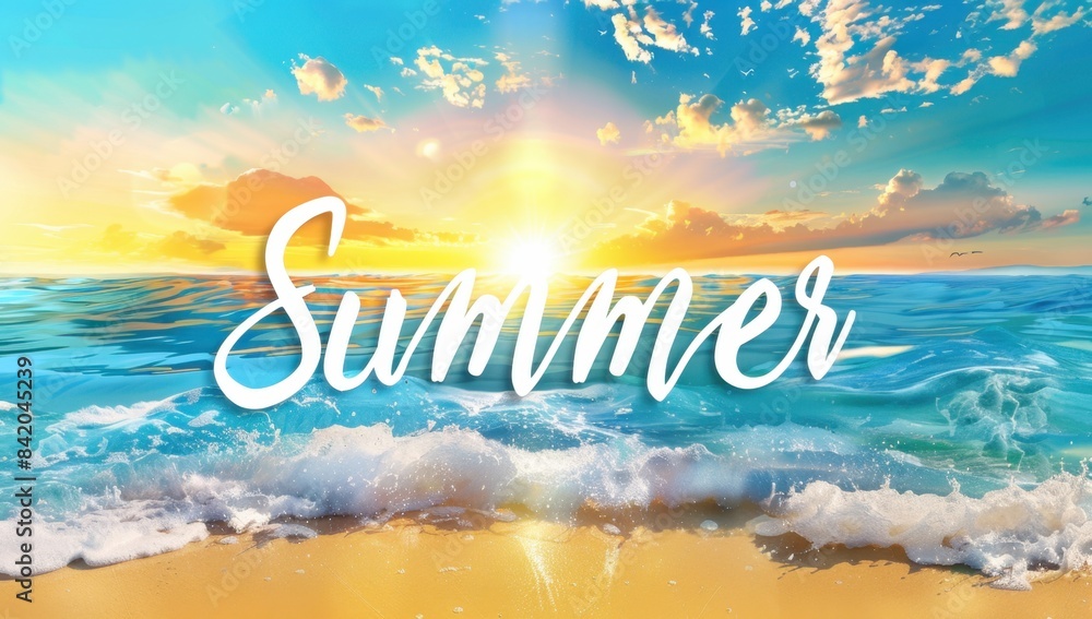 Summer background with a beautiful sun and beach, text "summer" in ...