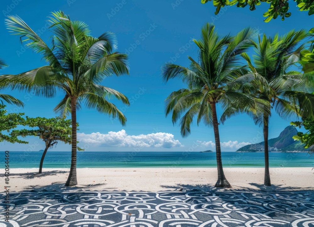 Beautiful palm trees on the beach in Rio de Janeiro, black and white ...