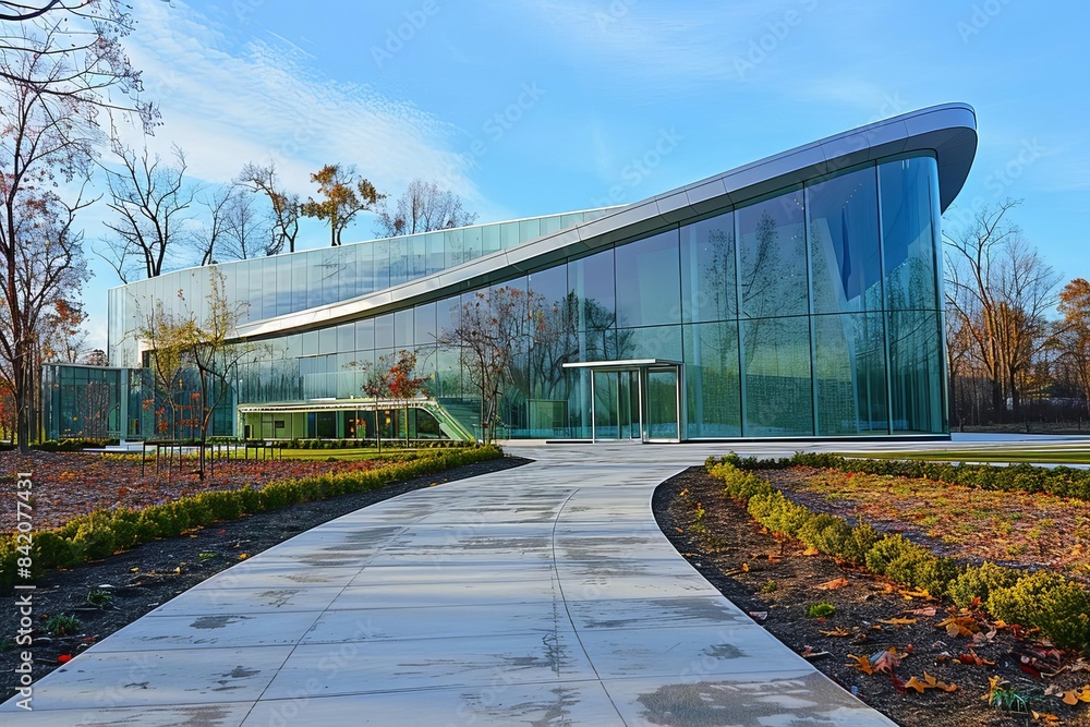 Contemporary museum with unique architectural style, expansive glass ...