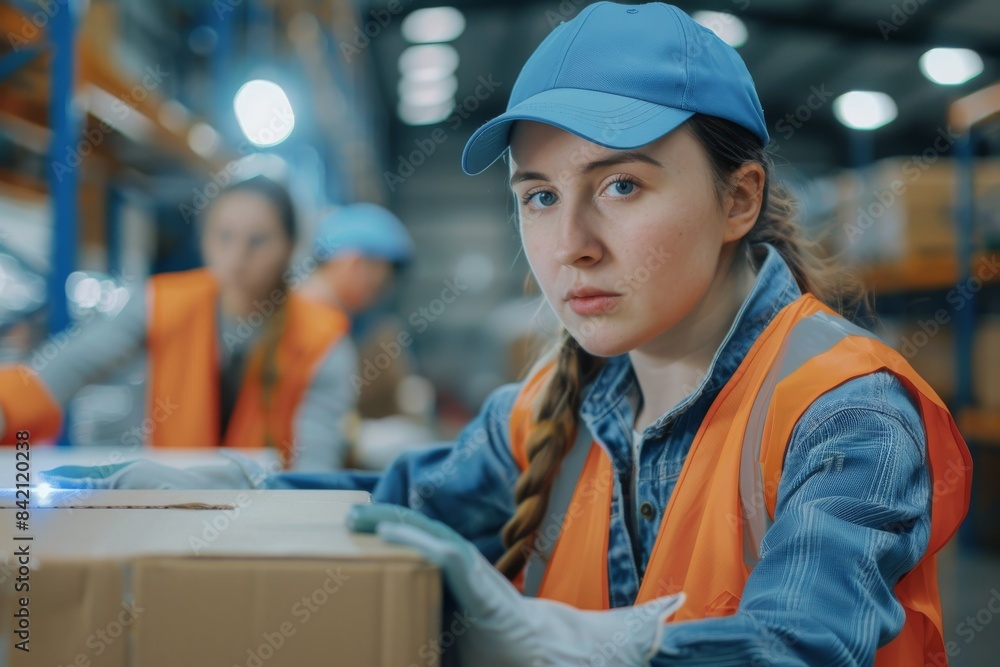 Female worker in a warehouse using a laser beam bar scanner to scan a ...