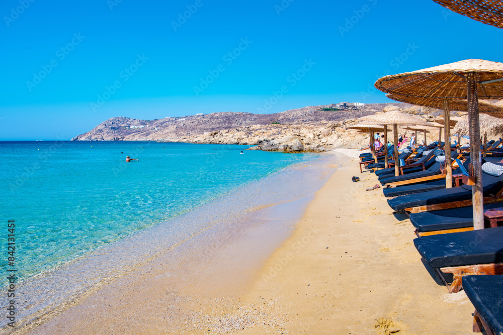 Mykonos, Greece, Elia Beach. Pristine bay with blue sea and crystal ...