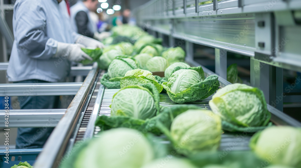 hydroponic cabbage into boxes on a conveyor line at a factory plant. The image should capture ...