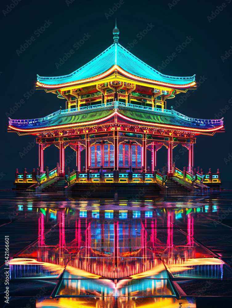 Classical Chinese architecture hologram line X-ray technology background 3D rendering Stock ...