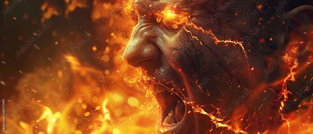 A closeup of a terrified human face dissolving into molten lava ...