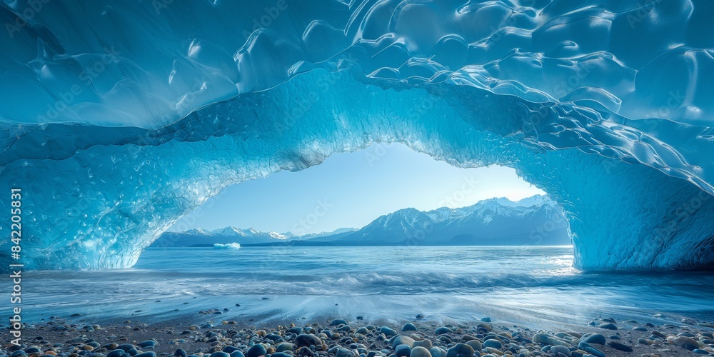 Ice Cave View of Arctic Landscape. View from inside an ice cave ...