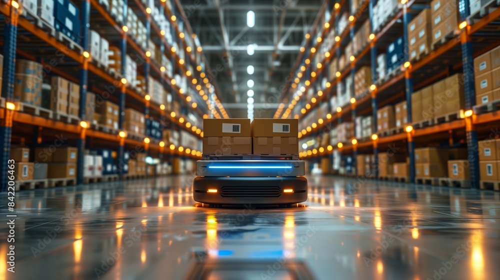 Automated Robot Transporting Boxes in Warehouse. Automated robot transports boxes in a modern ...