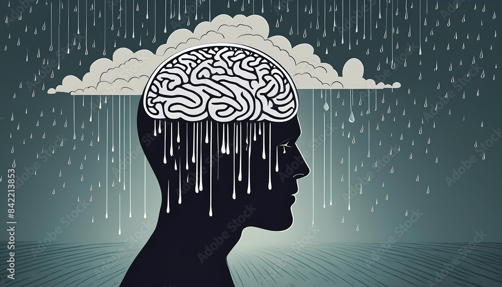 Depression concept, sad man crying in the rain under a cloud, concept ...