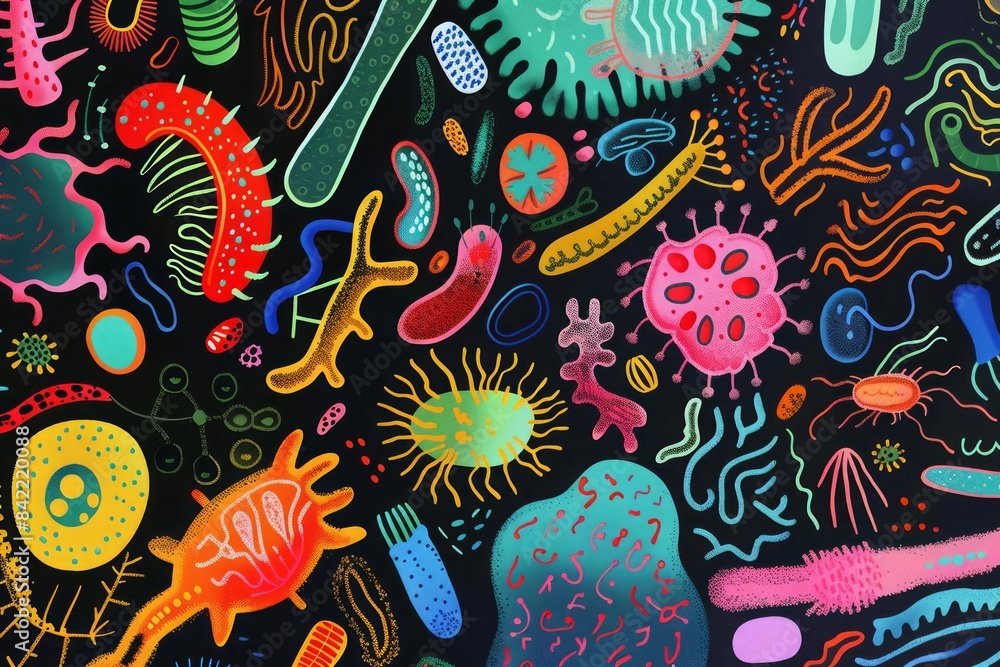 A colorful illustration of various types of microorganisms, showcasing ...