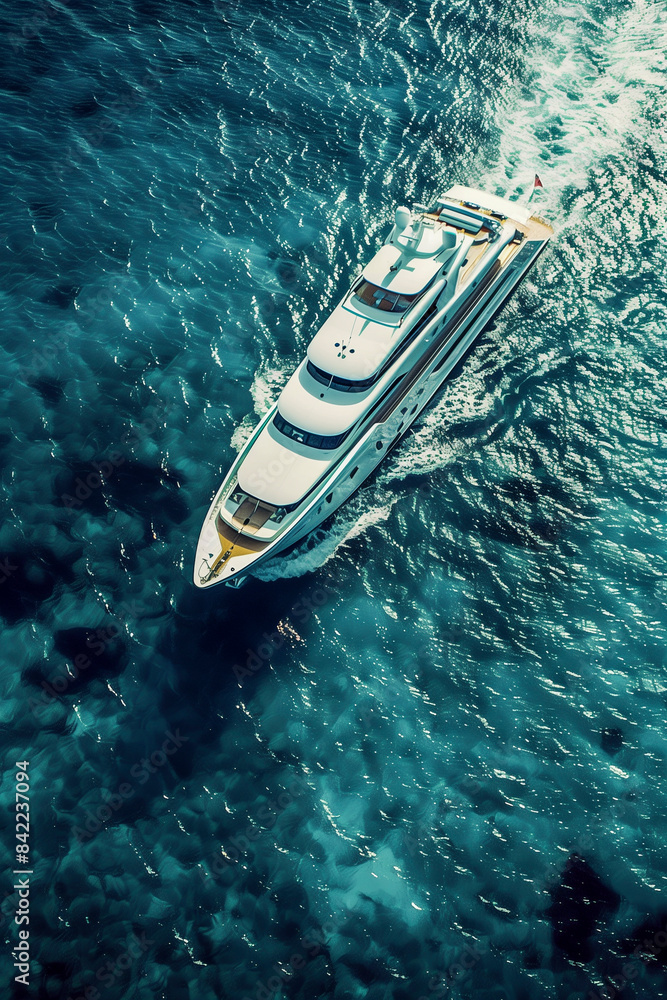 Birds eye view of a luxury super yacht on beautiful blue ocean waters ...