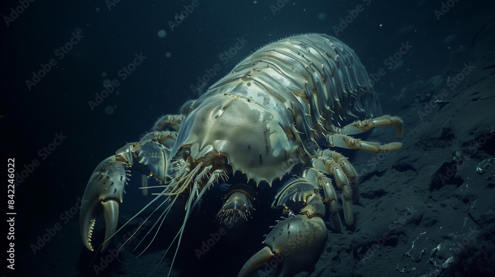 Giant Isopod swimming in the depths of the sea, low natural lighting ...