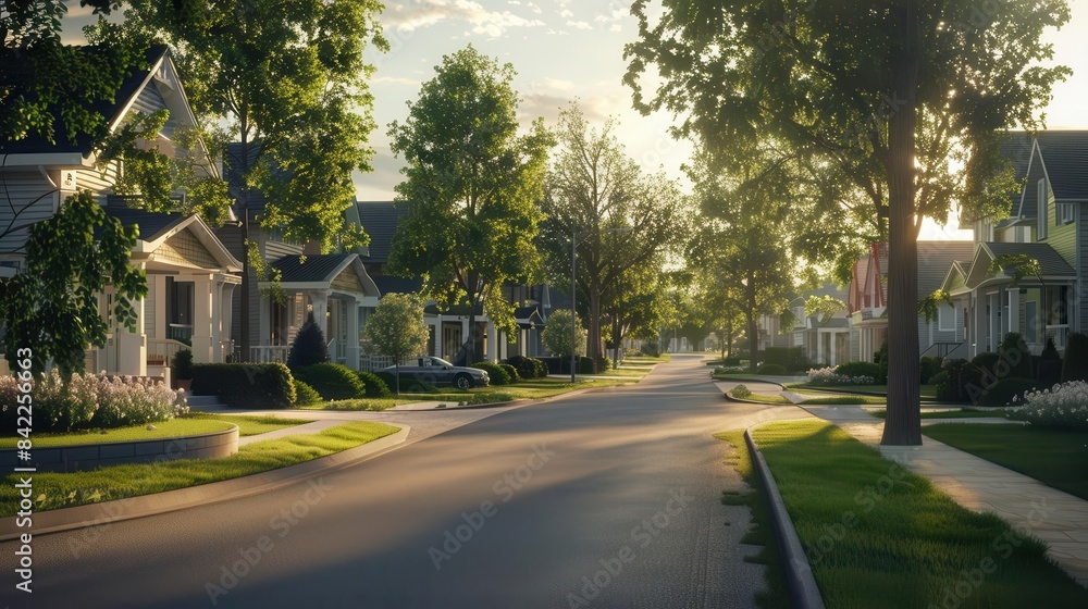 Suburban Street A quiet suburban street with houses and manicured lawns ...