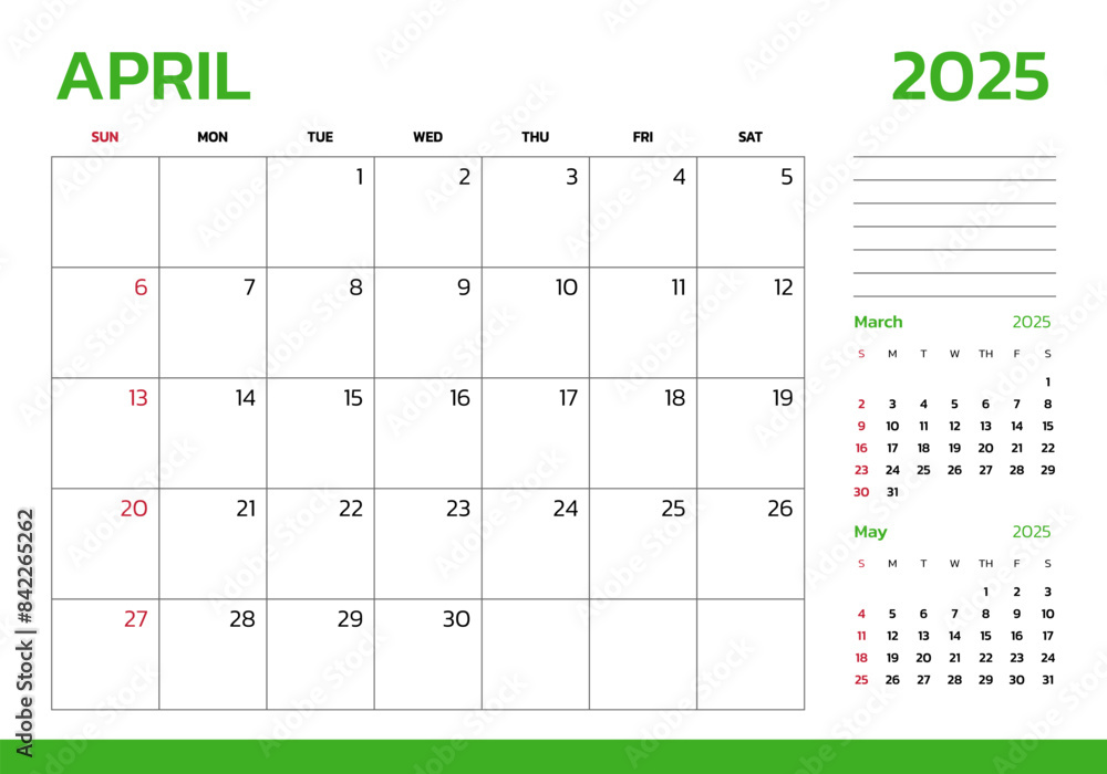 April 2025 Calendar. Week start on Sunday. Desk calendar 2025 design ...