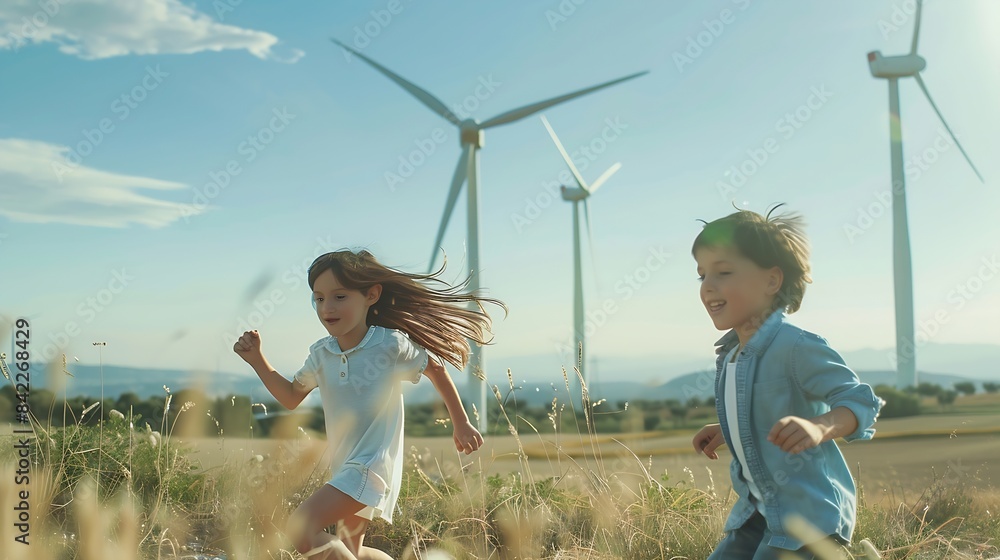 Little girl and boy are running in front of windmills Renewable ...