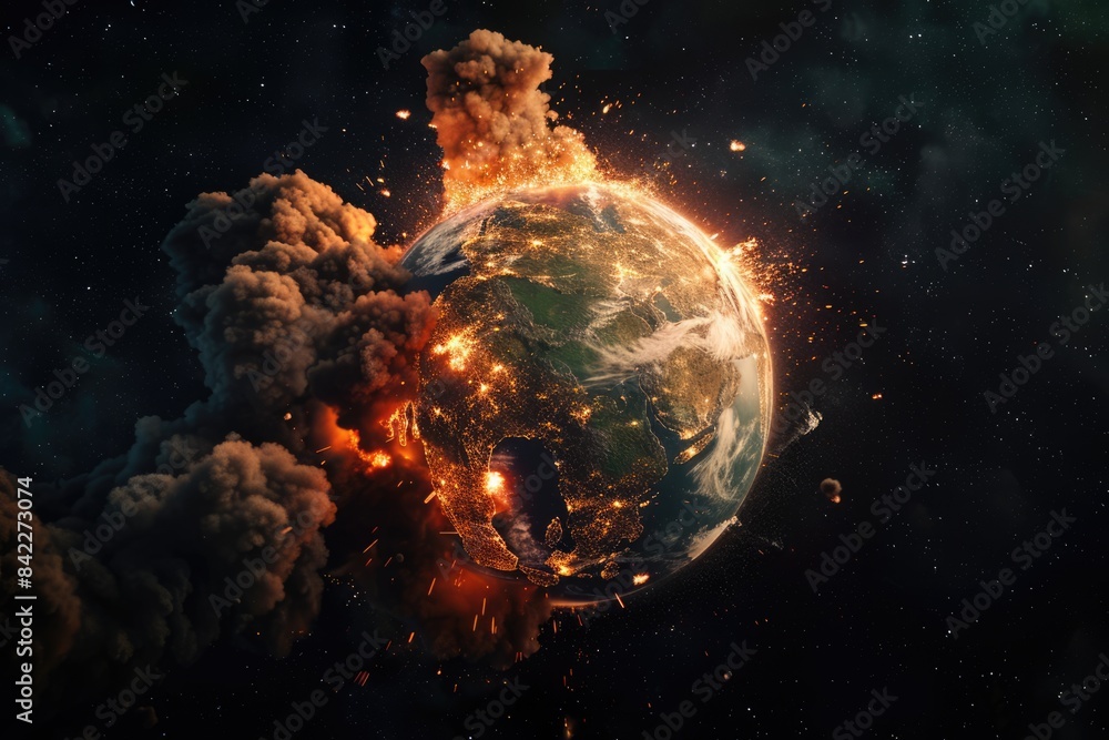 Planet Earth exploding from nuclear blast. Explosion of atomic bomb ...
