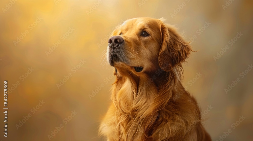 In bright lighting a golden retriever sits gracefully on a solid color ...