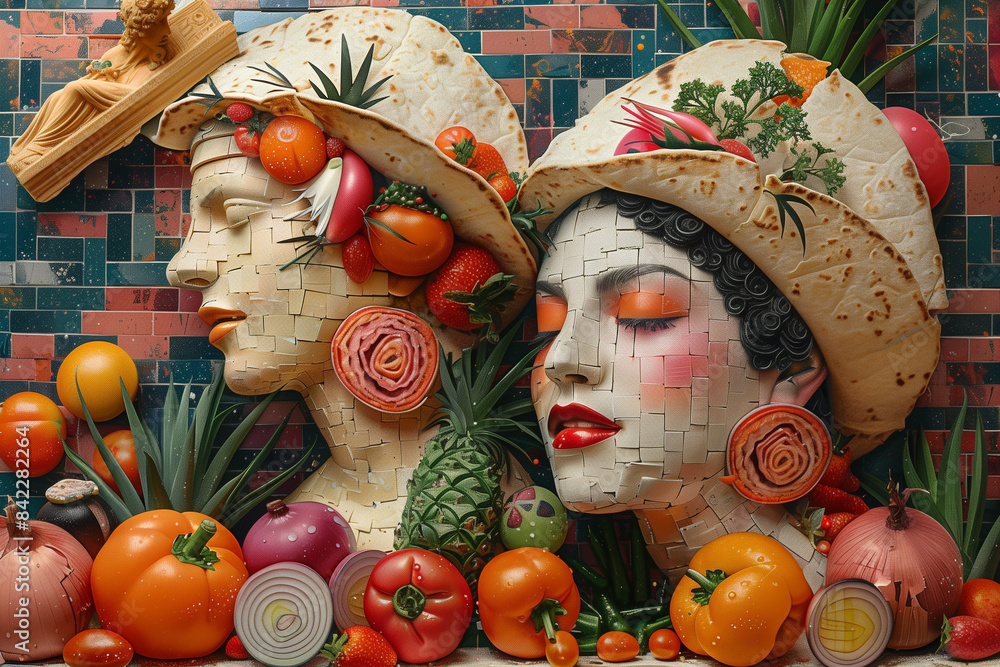 An absurdist vintage overly colorful collage with surrealist hints ...
