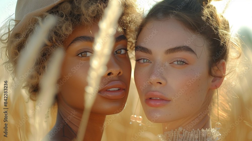 Close-up shot of two models, one dark-skinned woman and one white woman ...