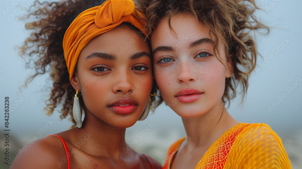 Close-up shot of two models, one dark-skinned woman and one white woman ...