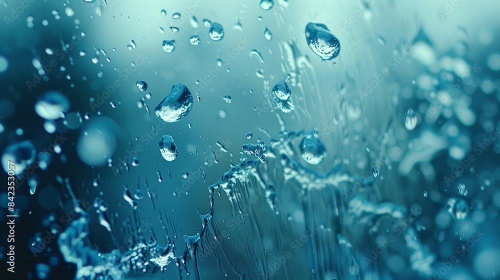 A close-up view of raindrops racing across a windowpane, with ...