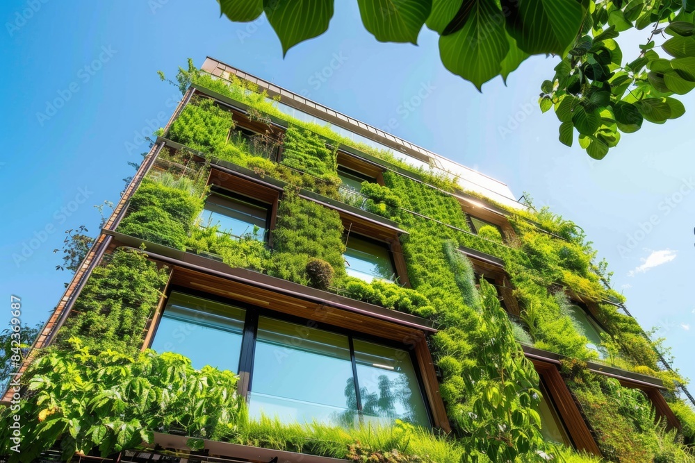 A modern eco-friendly building featuring lush green walls, blending ...
