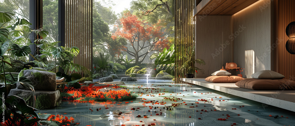 Bright tropical residence with a zen garden and water elements, octane ...