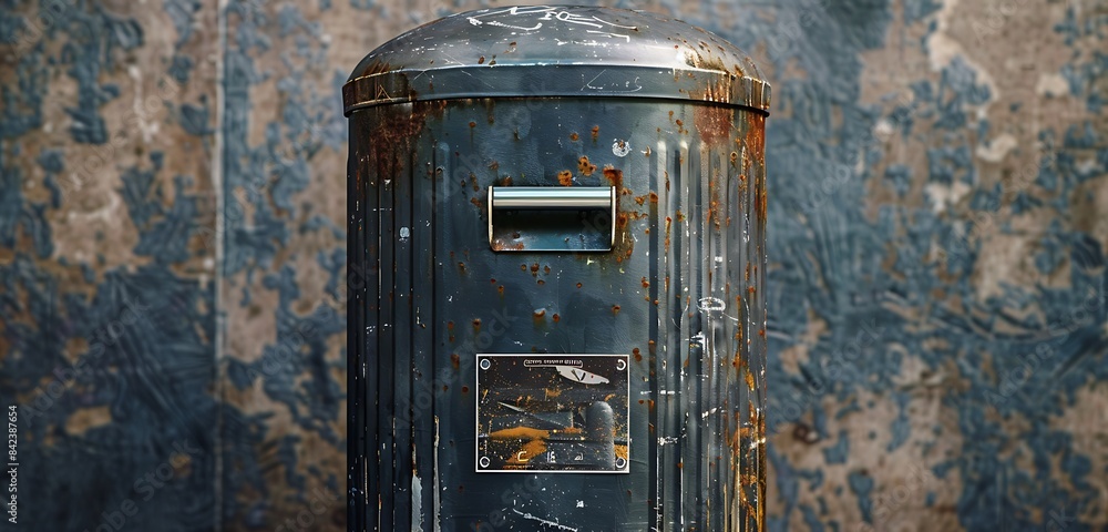 Textured metal urban trash can adorned with a narrow vertical blank ...