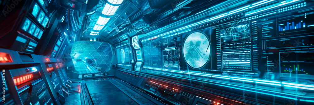 interstellar spaceship, filled with advanced technology, control panels ...