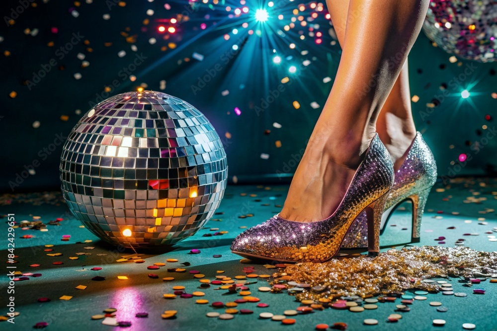 Women's legs in luxurious shiny pumps with heels at a party or disco on ...