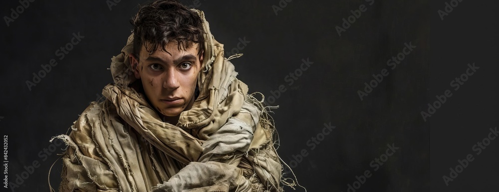 Eye-level angle portrait, young man, wrapped in ancient, tattered mummy ...