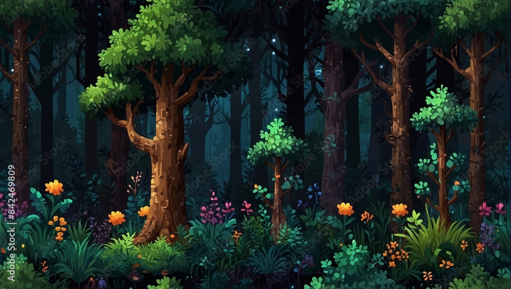 Ilustración de Stock Pixel art seamless magical forest background with glowing plants. 2d style ...