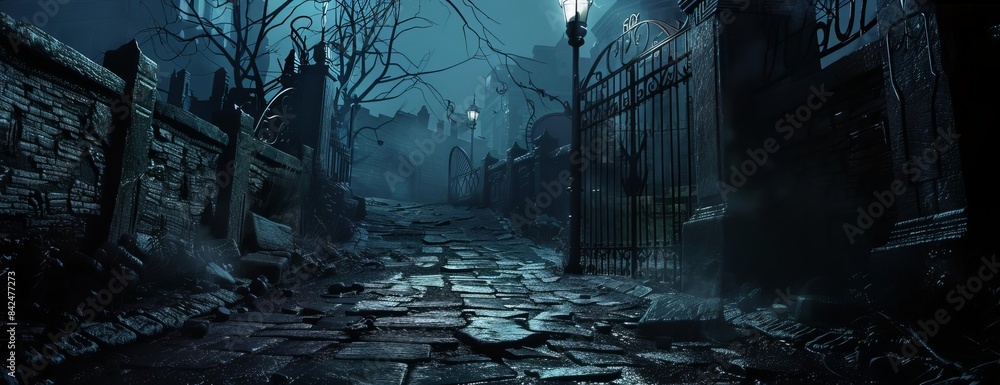 Creepy alleyway seen from a worms-eye view, cracked pavement, twisted ...