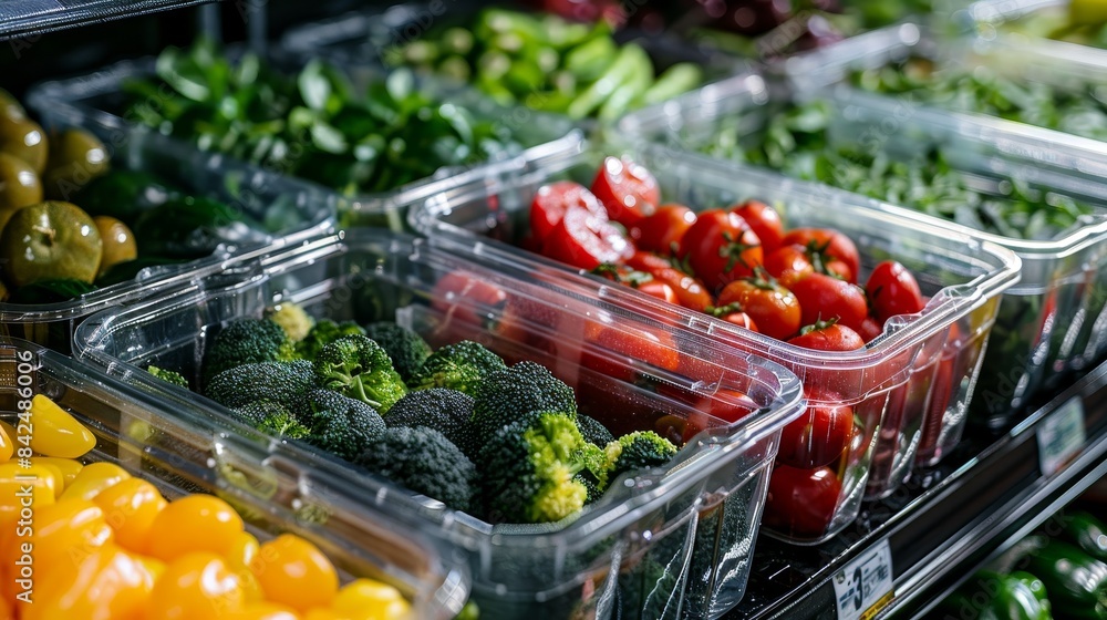 Close-up of plastic containers in a grocery store, brimming with fresh ...