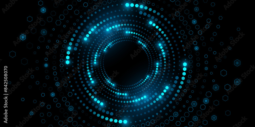 Abstract Swirling Digital Circles Of Glowing Hexagons Big Data Visualization Into Cyberspace