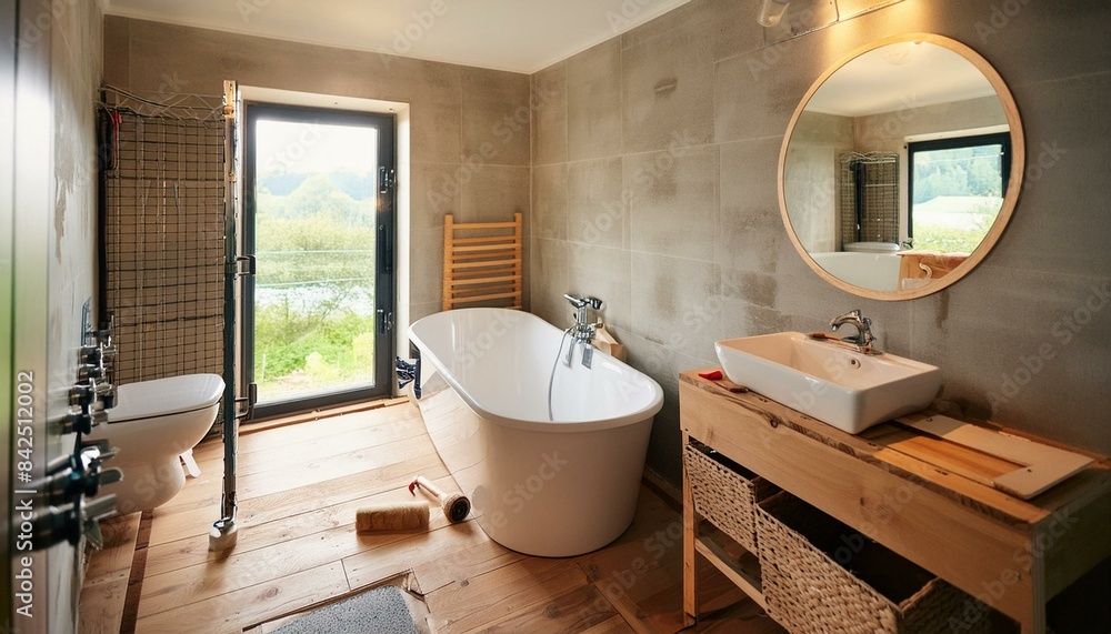 Renovating bathroom with new bathtub sinks and plumbing in progress ...