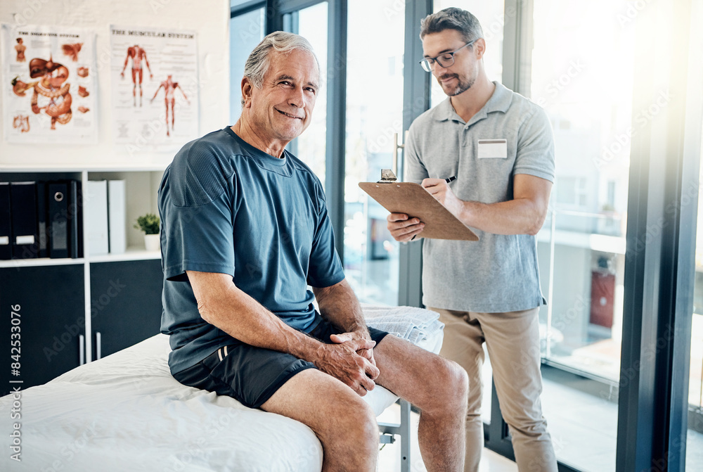 Physiotherapy, chiropractor and elderly man with checklist for ...
