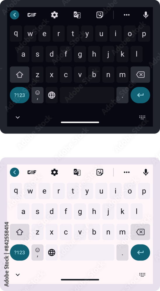 Smartphone keyboard in light and dark mode. Keypad alphabet buttons in ...