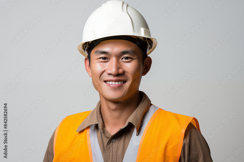 Smiling asian men bricklayer in work clothes on a white background ...