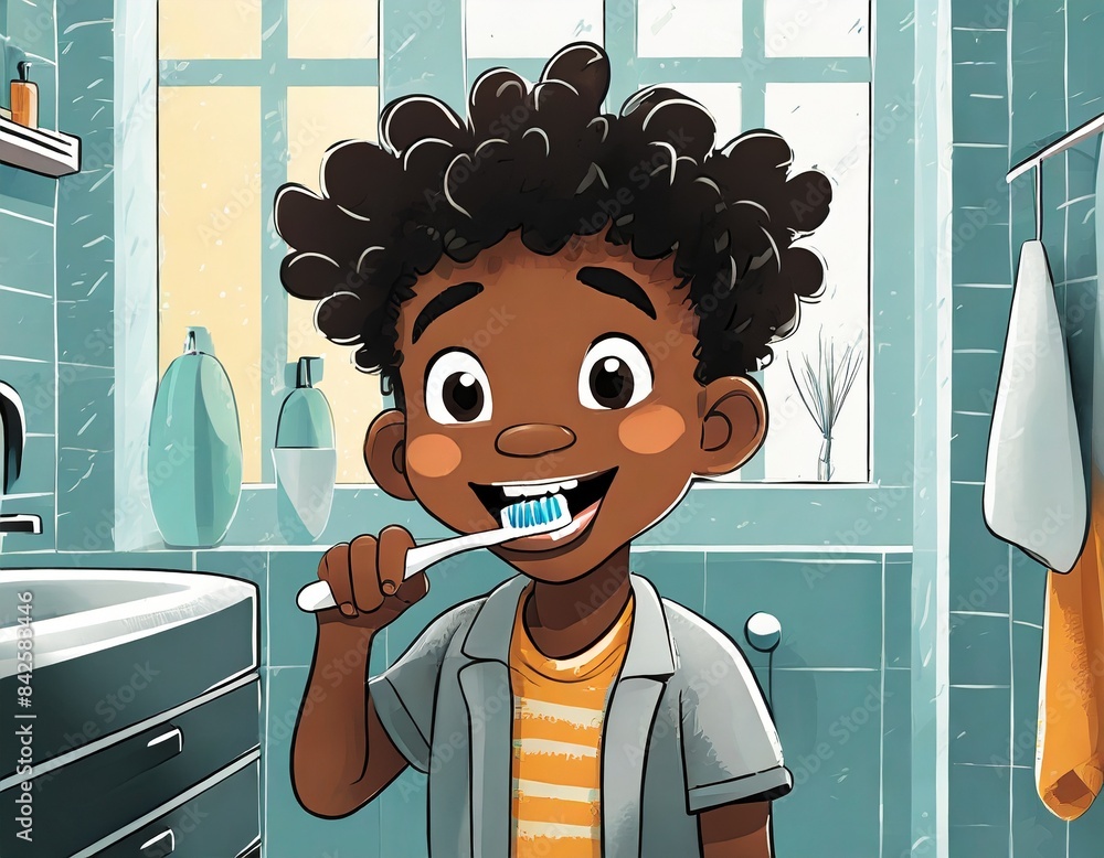 Brushing the teeth. Black ethnicity child. 7-year old boy washing teeth ...