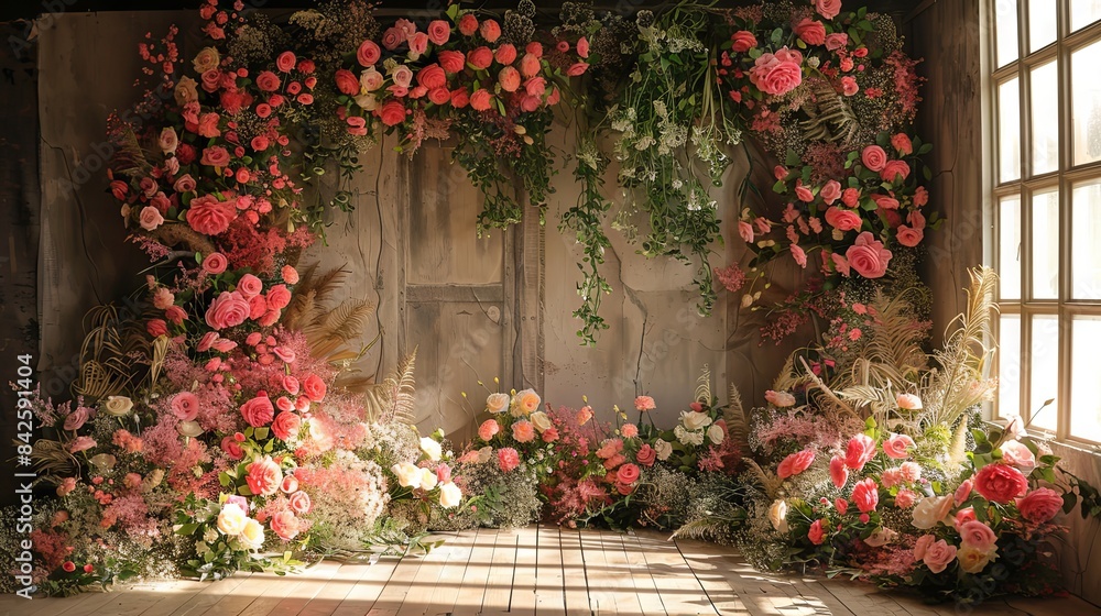 Wedding backdrop aesthetic flower decoration indoor interior decorated ...